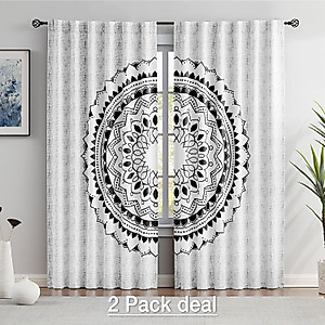 FMFUNCTEX 100% Blackout Curtains for Bedroom, Black Medallion Patterned Curtains 96 Inches Long for Living Room, Mandala Thermal Insulated Drapes Room Darkening Grommet Top 2 Panels