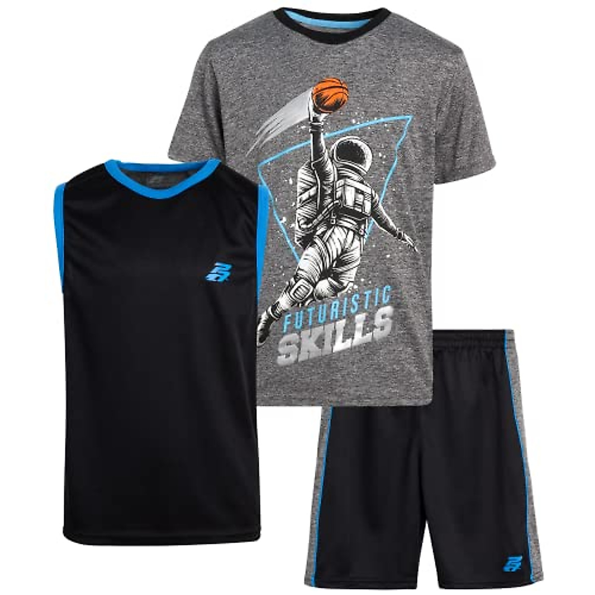 Pro Athlete Boys’ Active Shorts Set – 3 Piece Dry Fit T-Shirt, Tank Top, and Basketball Shorts (8-16), Size 14/16, Heather Grey/Future Skills