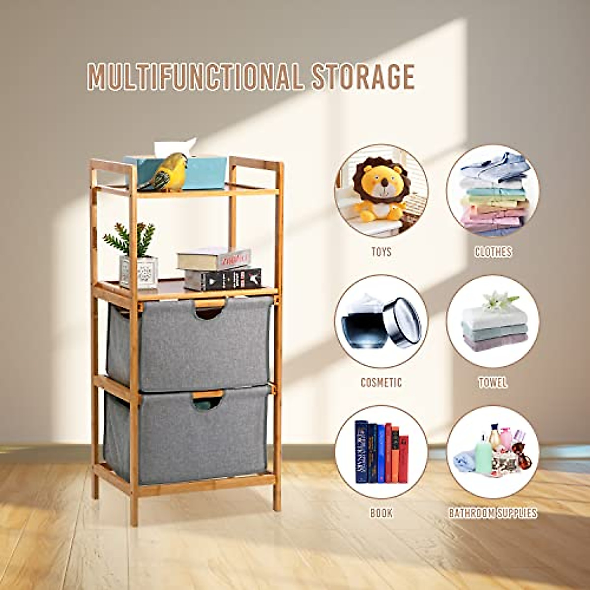 BIGTREE 4 Tiered Fabric Dresser Storage Tower with 2 Linen-Like Design Drawer, Made of Natural Bamboo and Imitation Linen Organizer Unit for Living Rooms, bedrooms, hallways, entrances, Closets, etc