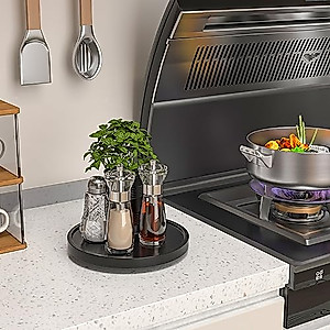 Lazy Susan Organizer for Table Cabinet, 9 inch Bamboo Kitchen Countertop Organizer for Salt Olive Oil and Pepper Counter Sink Trays Wooden Turntable for Spice Soap Bottles Dining Room Decor Black