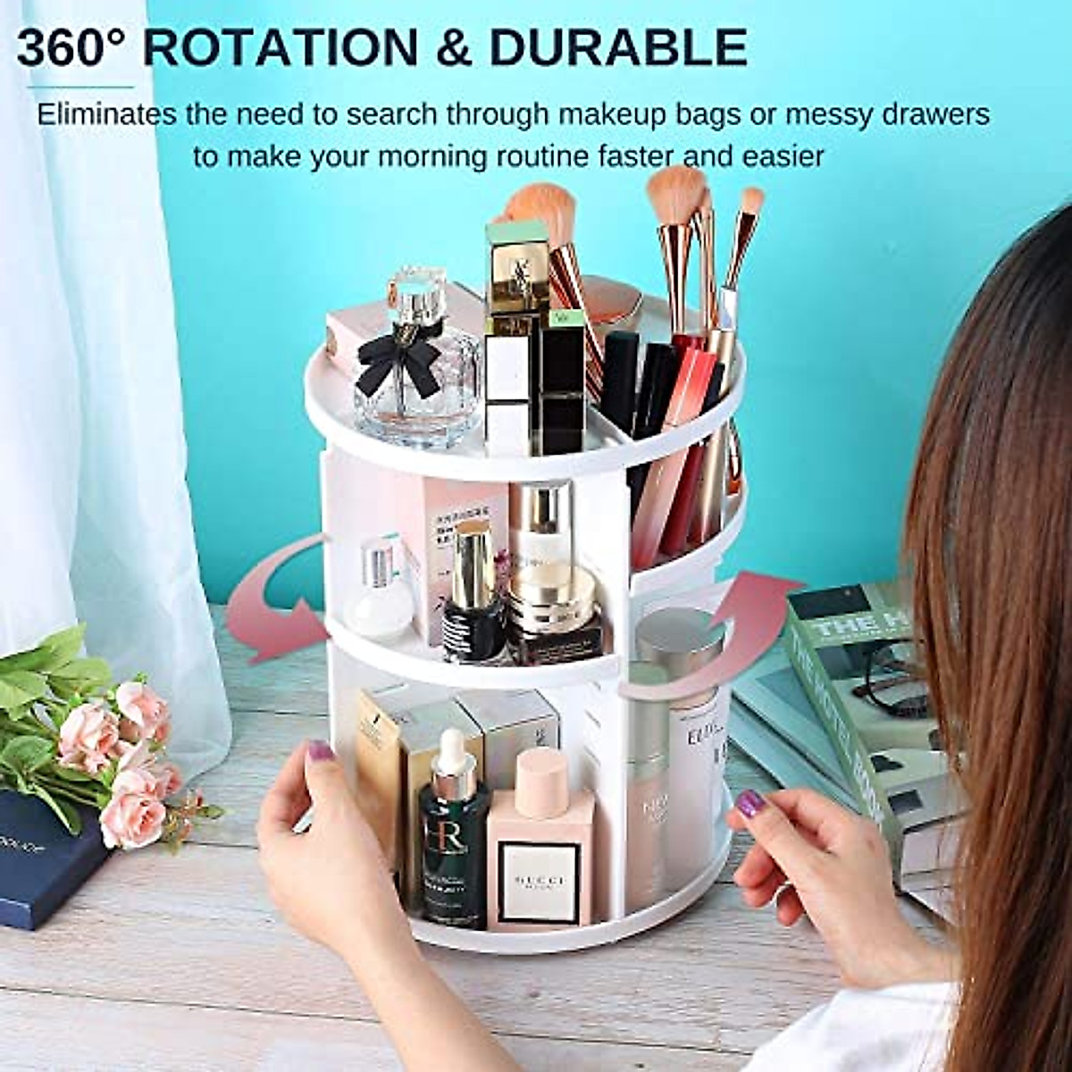 alcora life 360 Rotating Makeup Organizer, Makeup Spinning Organizer Rotating Organizer Desk for White Makeup Holder Lazy Susan Organizer Dresser- 7 Adjustable Layers with 4 Trays