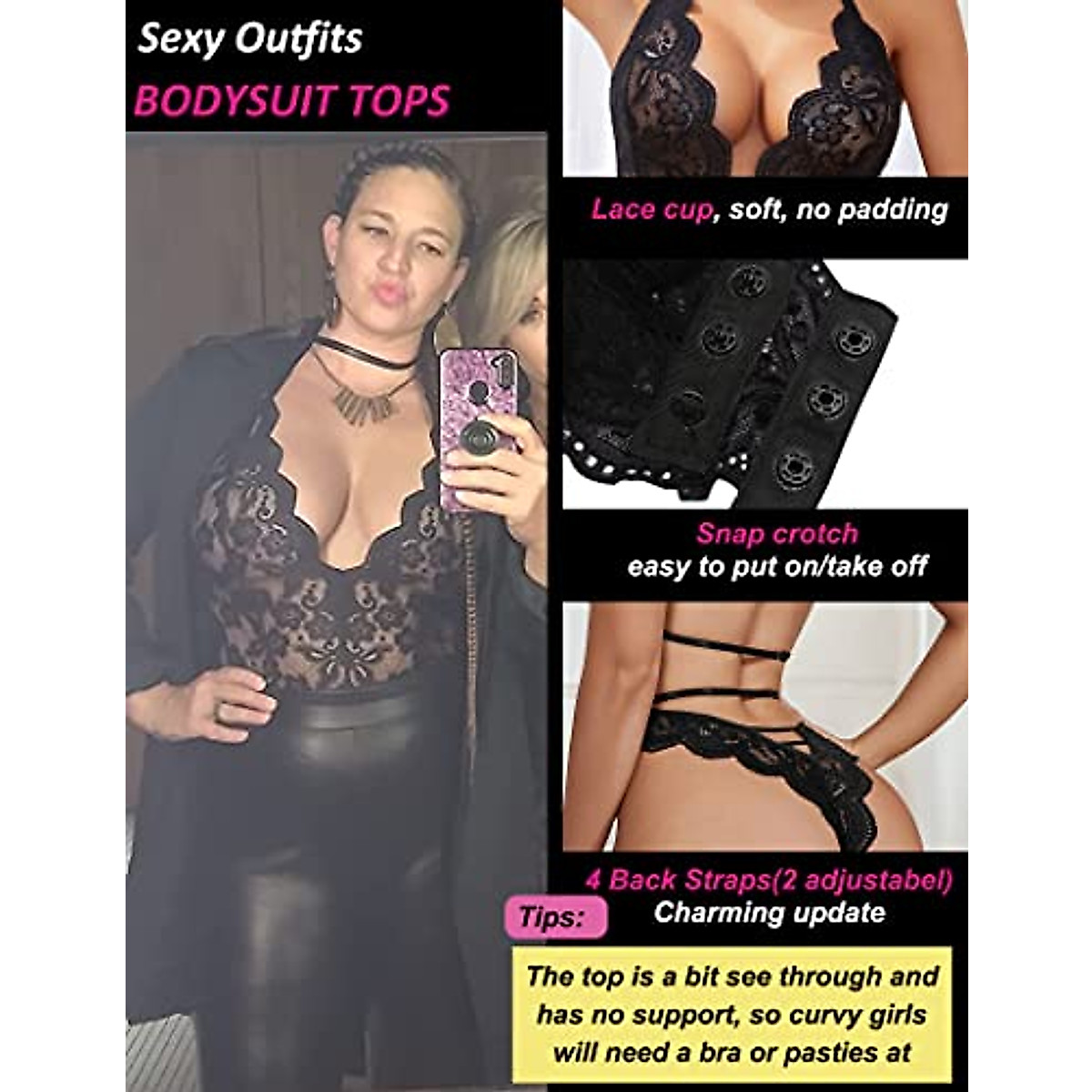 Avidlove Womens Sexy Lingerie Deep V-Neck Lace Bodysuit Bridal Naugthy Teddy Lingerie Body Suits Tops Outfits Black S