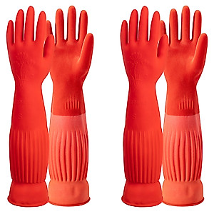 ThxToms Rubber Dishwashing Cleaning Gloves (2-Pair) - Fleece Lined, Reusable, Waterproof with Extra-Long Cuff & Anti-Slip Design for Household & Kitchen Use - Small