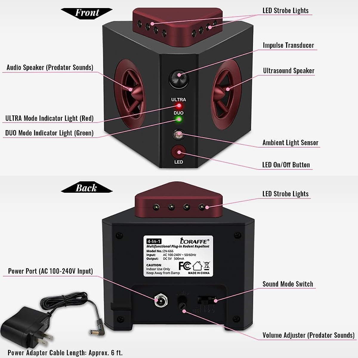 Plug-in Rodent Ultra Sonic Repellent 4-in-1 Rat Repelling Device Get Rid of Mice with Ultrasound Flashlight Predator Sounds Indoor Pest Prevention