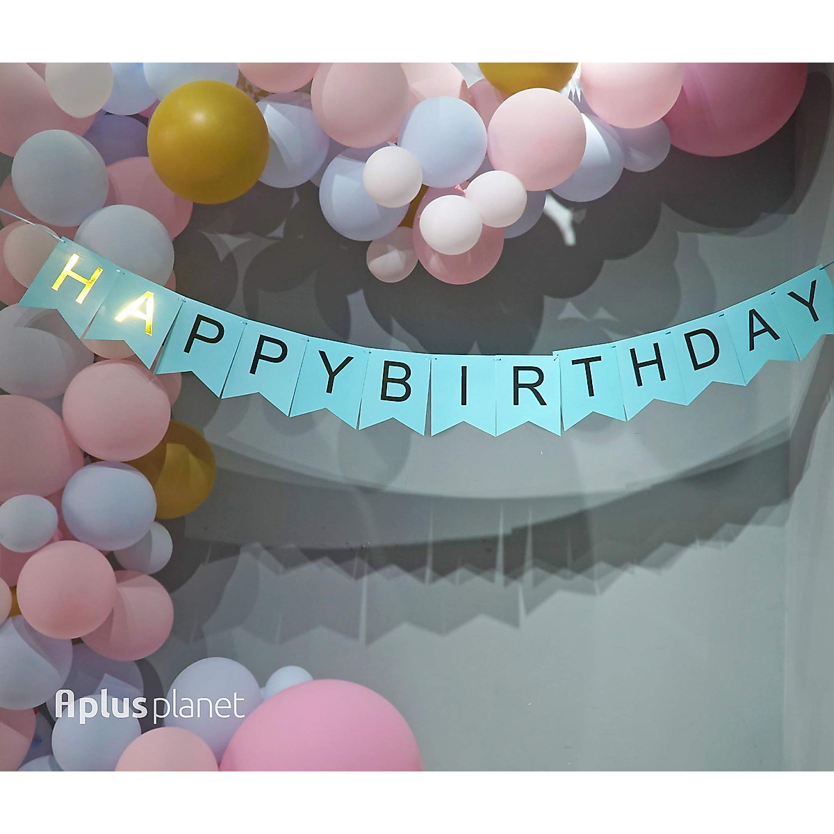 Blue Happy Birthday Banner, Shimmering Gold Letters, Happy Birthday Bunting Banner for Party Decorations, Swallowtail Flag Happy Birthday Sign for Kids Boys Adults Birthday
