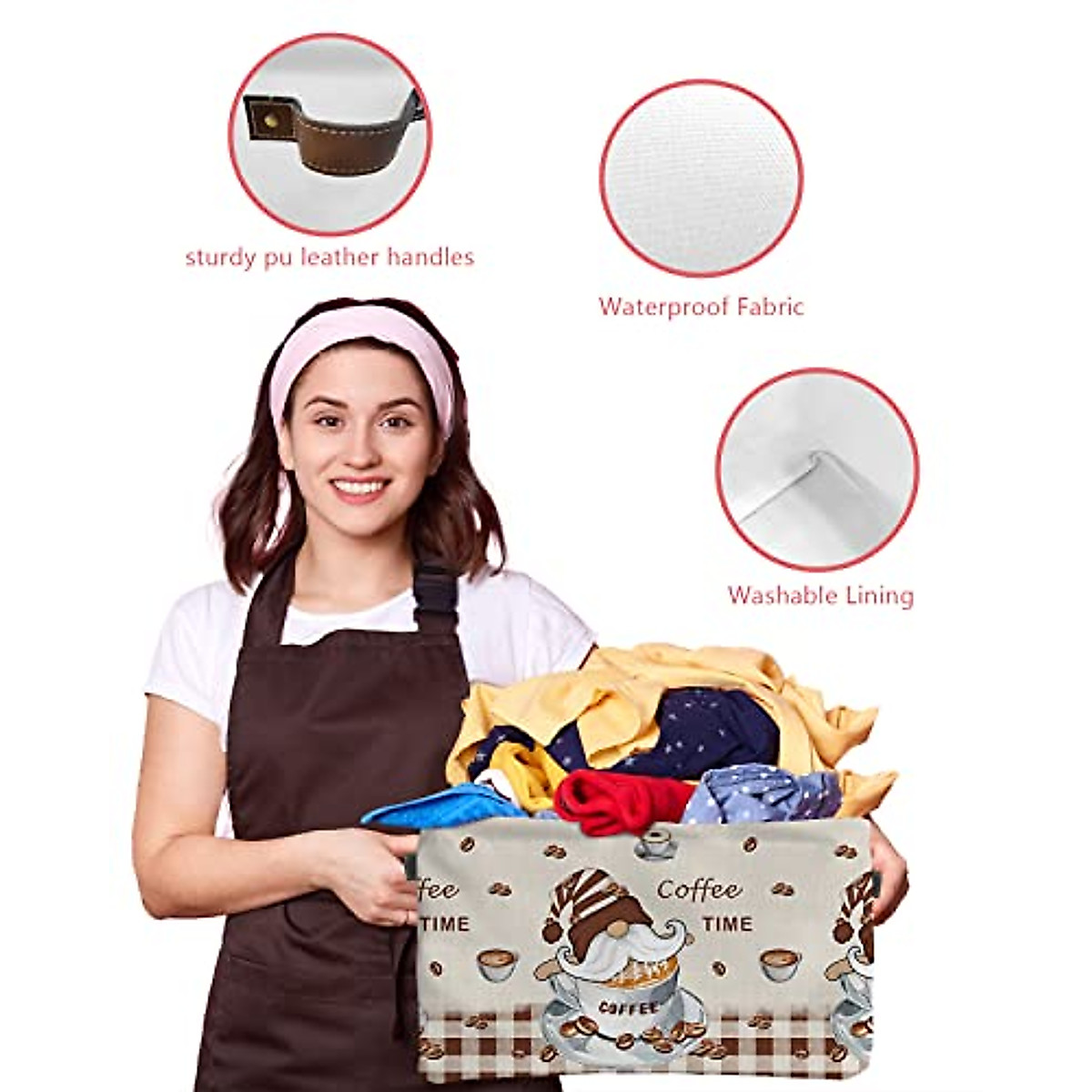 Coffee Time Storage Bins 2 Pack, Large Waterproof Storage Baskets for Shelves Closet, Gnomes Coffee Beans Brown Plaid Burlap Storage Basket Foldable Storage Box Cube Storage Organizer with Handles