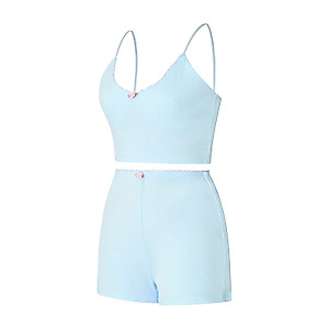 RUEWEY Women Floral Pajama Set Spaghetti Strap Lace Cami Crop Tops and Shorts Knit Lounge Set 2 Piece Outfits (A-Blue, S)