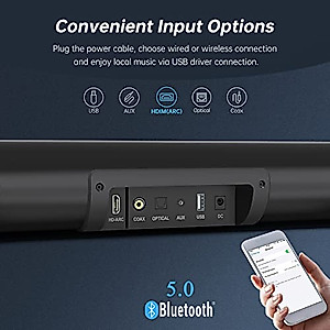 BESTISAN Sound Bar, 80 watts 33.5 inch Sound Bars for TV with Bluetooth 5.0, 3 Equalizer Modes Audio, Bass Adjustable, HDMI/Optical/Coaxial/Aux/USB Connection for Home Theater, Gaming, PC, Projectors