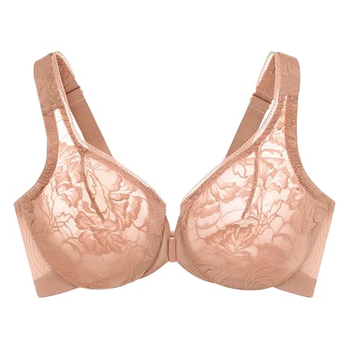 Glamorise Full Figure Plus Size Lacey T-Back Front-Closure Wonderwire Bra Underwire #9246 Cappuccino