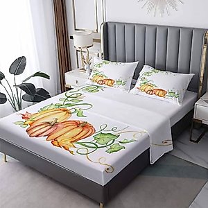 Full Size Sheet Sets - Thanksgiving Bed Sheets, Pumpkin Bedding Sheets & Pillowcases, Soft Microfiber & Deep Pocket & Wrinkle Free Patterned Sheet Set, 1 Fitted Sheet, 1 Flat Sheet, 2 Pillow Cases