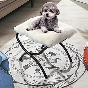 WELL-STRONG 15" Folding Foot stool, Small Accent Foot Rest, Faux Fur Elegant Foldable Ottoman with Metal Frame, Upholstered Morden Folding Footstool for Home Living Room Bedroom Washable Beige