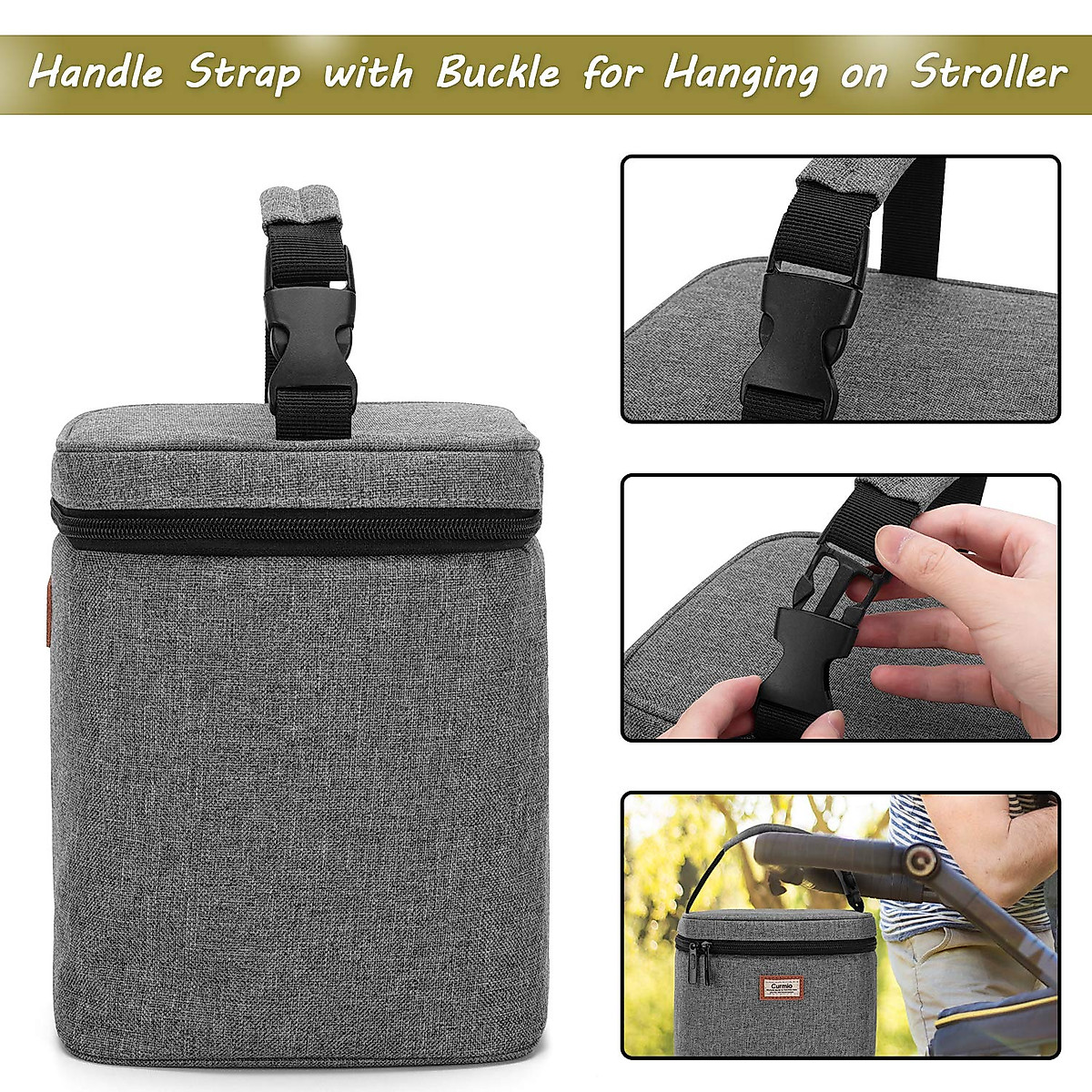 CURMIO Baby Bottles Cooler Bag with Ice Pack for 4 Bottles, up to 9 oz/270ml, Insulated Breastmilk Cooler and Ice Pack for Daycare Travel Nursing Mom, Grey