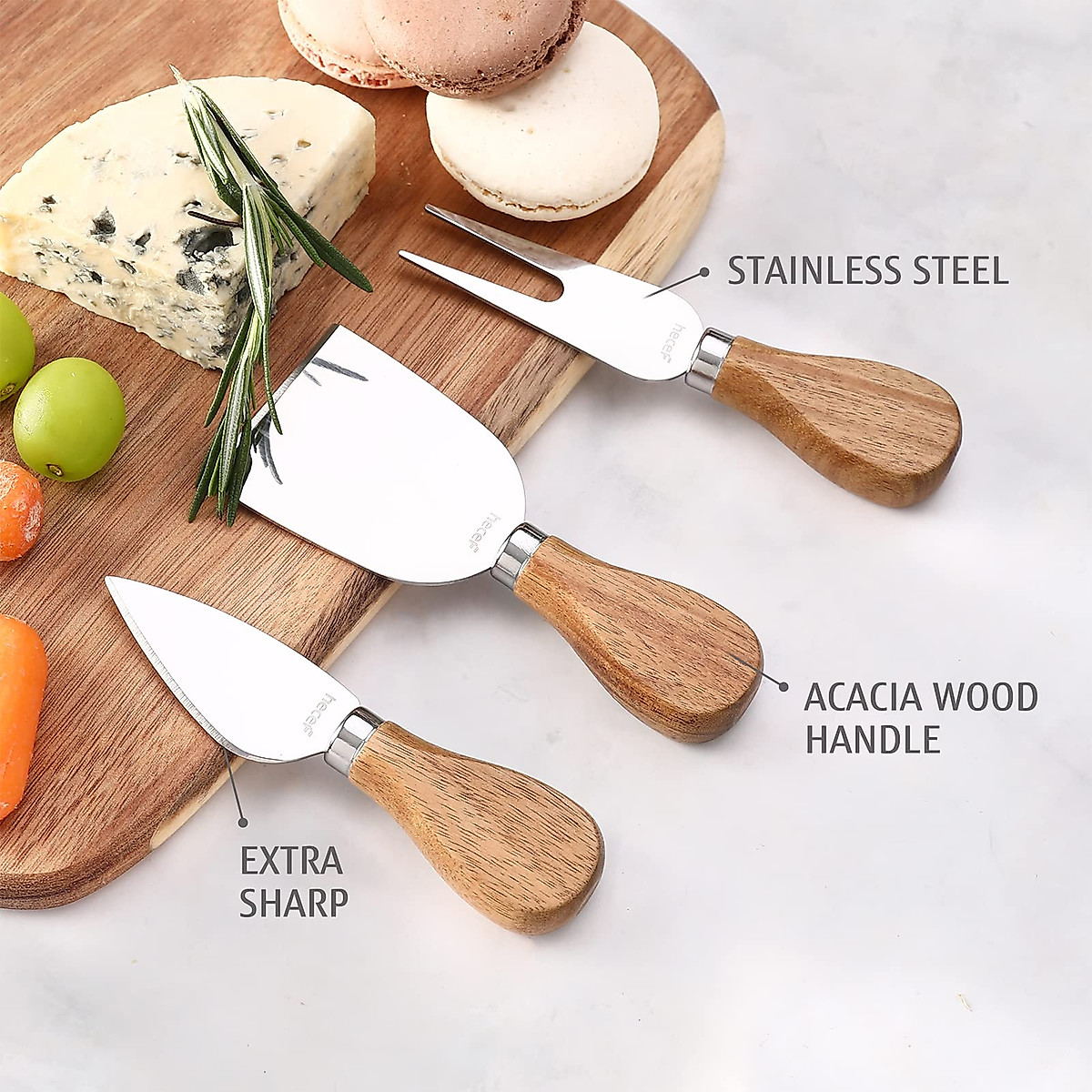 hecef Upgrade Bigger Cheese Board set of 4, a Bigger Acacia Wood Cheese Plate & 4 Pcs Cheese Knives, Charcuterie Platter Cheese Serving Tray for Cheese Cake Appetizers, Housewarming Gift Mothers Day