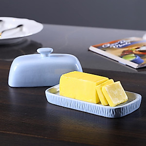 MyGift Sky Blue Ceramic Butter Dish with Lid, Butter Keeper Holder with Raised Sides and Etched Design, Rectangular East Coast Butter Stick Margarine Tray with Cover