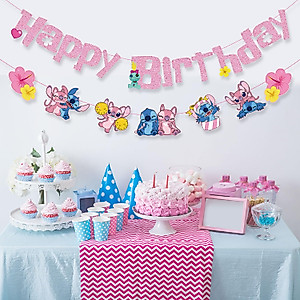 Pink Birthday Banner, Cartoon Happy Birthday banner Pink Cute Party Decoration for Girls Kids Birthday Party Baby Shower Cartoon Sign Decorations