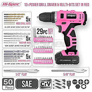 Hi-Spec 50 Piece 12V Pink Drill Driver & Multi Bit Set. High Speed Cordless & Rechargeable Electric Power Screwdriver & Drill for Household DIY. Complete in a Carry Case