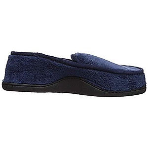 isotoner Men's Terry Moccasin Slipper with Memory Foam for Indoor/Outdoor Comfort, Navy, Large