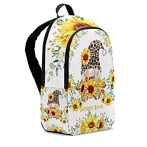 Personalized Name Sunflower Leopard Gnome Watercolor Backpack Unisex Bookbag for Boy Girl Travel Daypack Bag Purse 17.7 IN