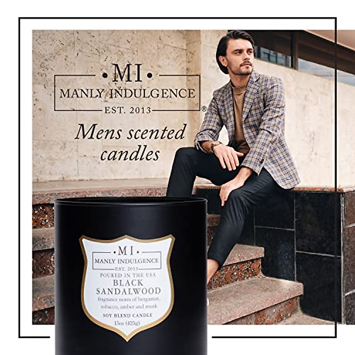 Manly Indulgence Scented Jar Candle, Black Sandalwood, Signature Collection, Soy Wax Blend, Wooden Wick, 15 Oz, Single (Bergamot, Tobacco, Amber & Musk)