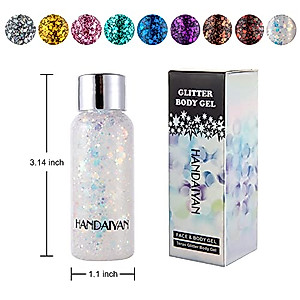 Body Glitter Gel Pack of 2 Bottle, Long Lasting Holographic Face Glitter Gel for Hair, Body, Nail, Waterproof 9 Color Liquid Glitter Body Makeup fo Women (#6 Purple & #9 White)