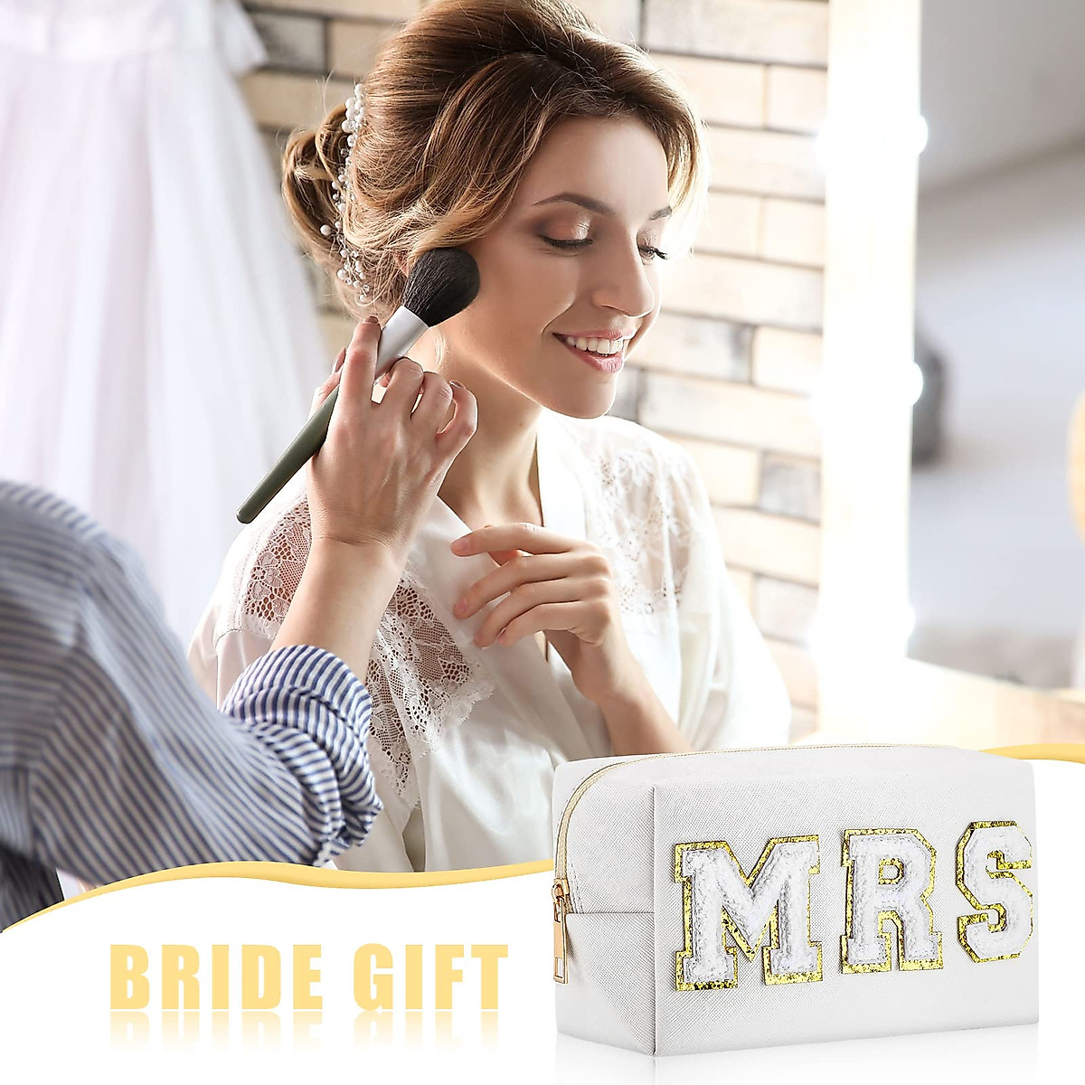 Xuniea MRS Letter Cosmetic Bag Bride Makeup Bag White Cosmetic Toiletry Bag Large Engagement Gift Bag with Zipper Engagement Gifts for Bride Wedding Bridal Shower