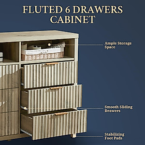 OAKHAM HOME Oxford Fluted 6 Drawer Dresser for Bedroom, Wide Modern Wooden Chest of Drawers with 2 Shelves, TV Stand of Drawers, Wood Drawer Organizer, 46.5" W x 37" H x 15.4" D (Sunwashed Ash Oak)