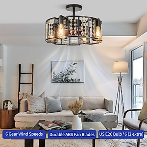 XuanDe Ceiling Fans with Lights and Remote, Vintage Caged Ceiling Fans Industrial Farmhouse Rustic Ceiling Fan Bladeless Enclosed Flush Mount for Hall, Living Room, Bedroom（Bulb x 6 Included）