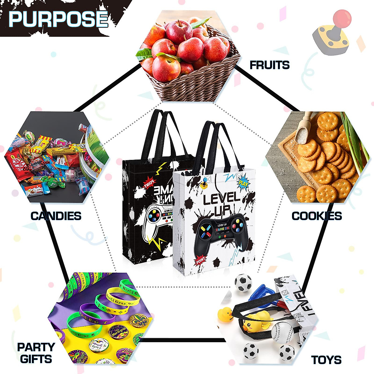 Sweetude 30 Pcs Video Game Gift Bag with Handle Game Party Supplies Reusable Gaming Non Goody Bag for Girl Boy, 2 Styles(Black, White)