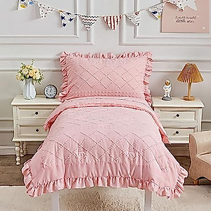 4 Piece Boho Tufted Toddler Bedding Set for Girls Pink Ruffle Bed Sheets Set Soft Jacquard Embroidery Crib Bedding Comforter Set for Baby | Include Comforter, Flat Sheet, Fitted Sheet, Pillowcase