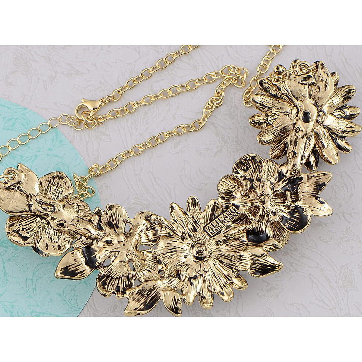 Alilang Womens Flower Rhinestones Pearl Statement Bib Golden Tone Necklace with Gray Yellow Enamel, Light Pink