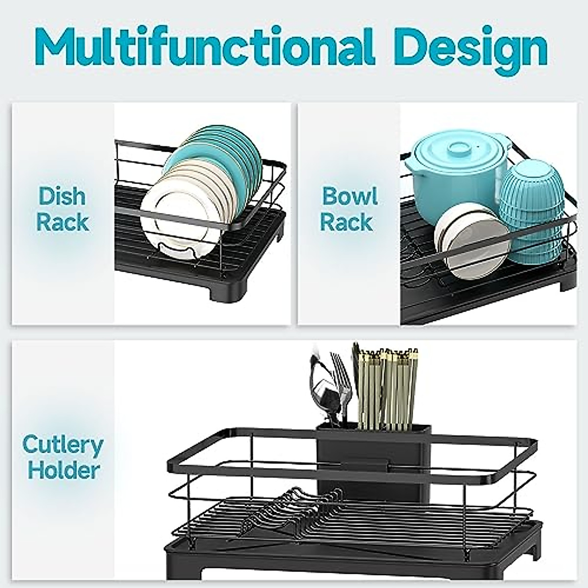 Dish Drying Rack - Dish Rack for Kitchen Counter with With Dish Drying Mat a Cutlery Holder,Dish Drying Rack,Durable Kitchen Dish Rack for Tableware,Dish Drying Rack with Easy Installation,Black