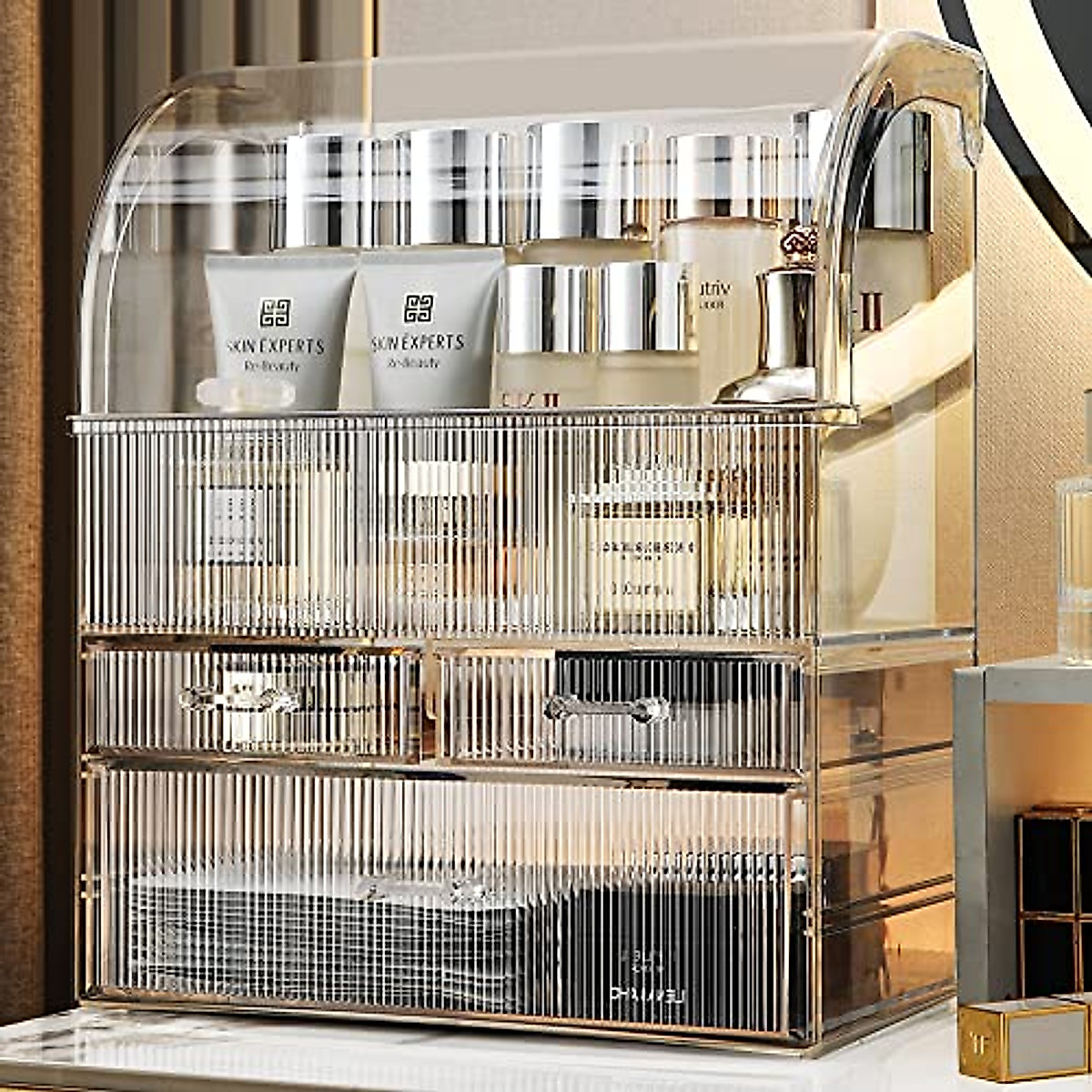 MOOCHI Clear Stripes Pattern Professional Large Cosmetic Makeup Organizer Dust Water Proof Cosmetics Storage Display Case with Drawers