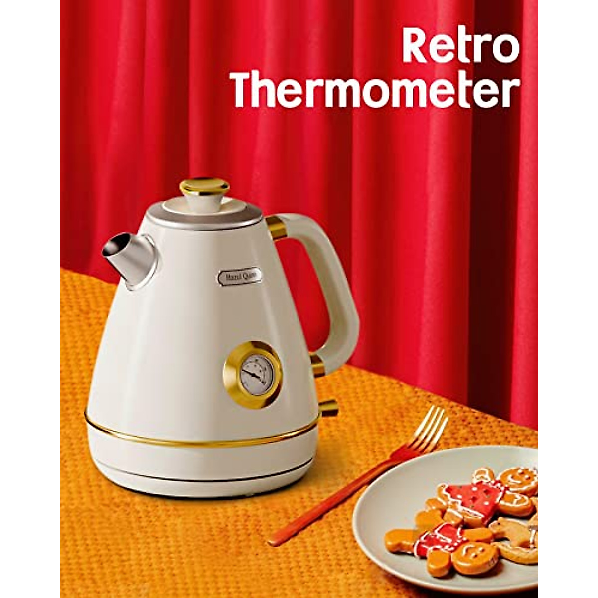 Hazel Quinn Retro Electric Kettle - 1.7 Liters / 57.5 Ounces Tea Kettle with Thermometer, All Stainless Steel, Fast Boiling 1200W, BPA-free, Cordless, Rotational Base, Automatic Shut Off - Pearl White