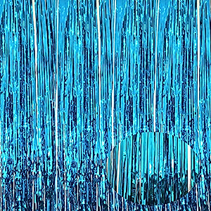 3 Pack 3.2ft x 8.2ft Light Blue Metallic Tinsel Curtains Summer Under The Sea Party Photo Backdrop Foil Fringe Curtains Photo Booth Props for Birthday Party,Bridal Shower,Ocean Party Decorations