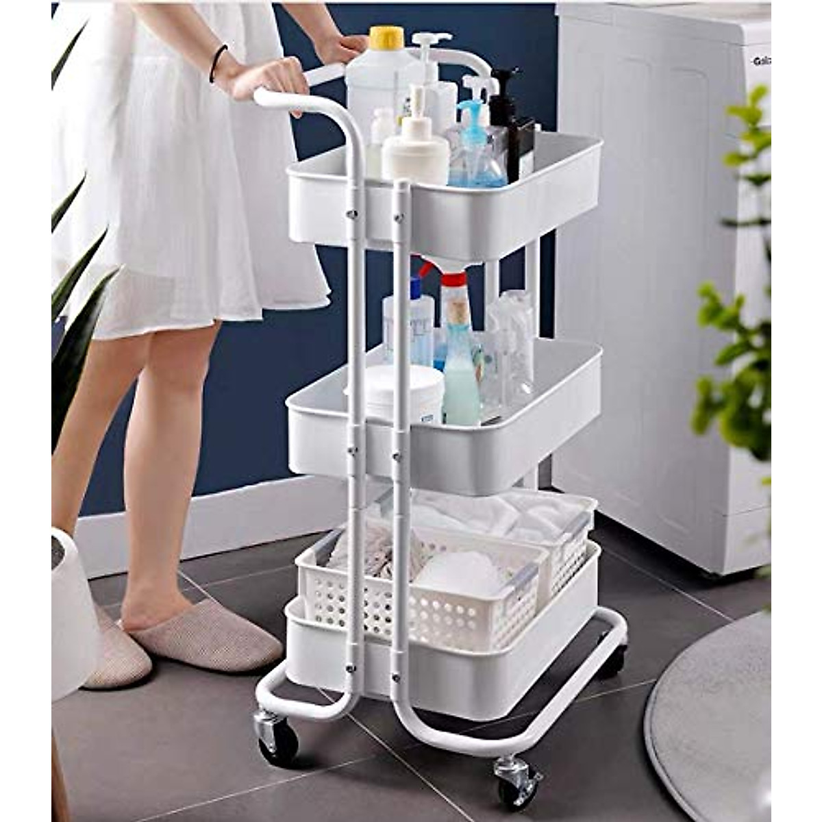 Storage Trolley Cart - 3 Tier Rolling Utility Organizer Rack, Craft Art Cart, Multi-Purpose Organizer Shelf, Tower Rack Serving Trolley for Office Bathroom Kitchen Kids’ Room Laundry Room, White