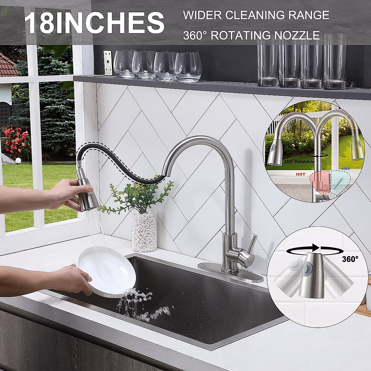 Friho Brushed Nickel Kitchen Faucet with Pull Down Sprayer, Modern Single Handle Stainless Steel Pull Out Spring Kitchen Sink Faucets with Deck Plate for Camper Rv Bar