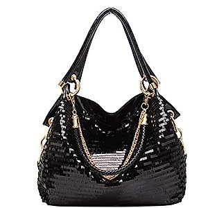 Yan Show Women Patent Leather Chain Handbags Shoulder Bags for Ladies Sequin Purse Black Large