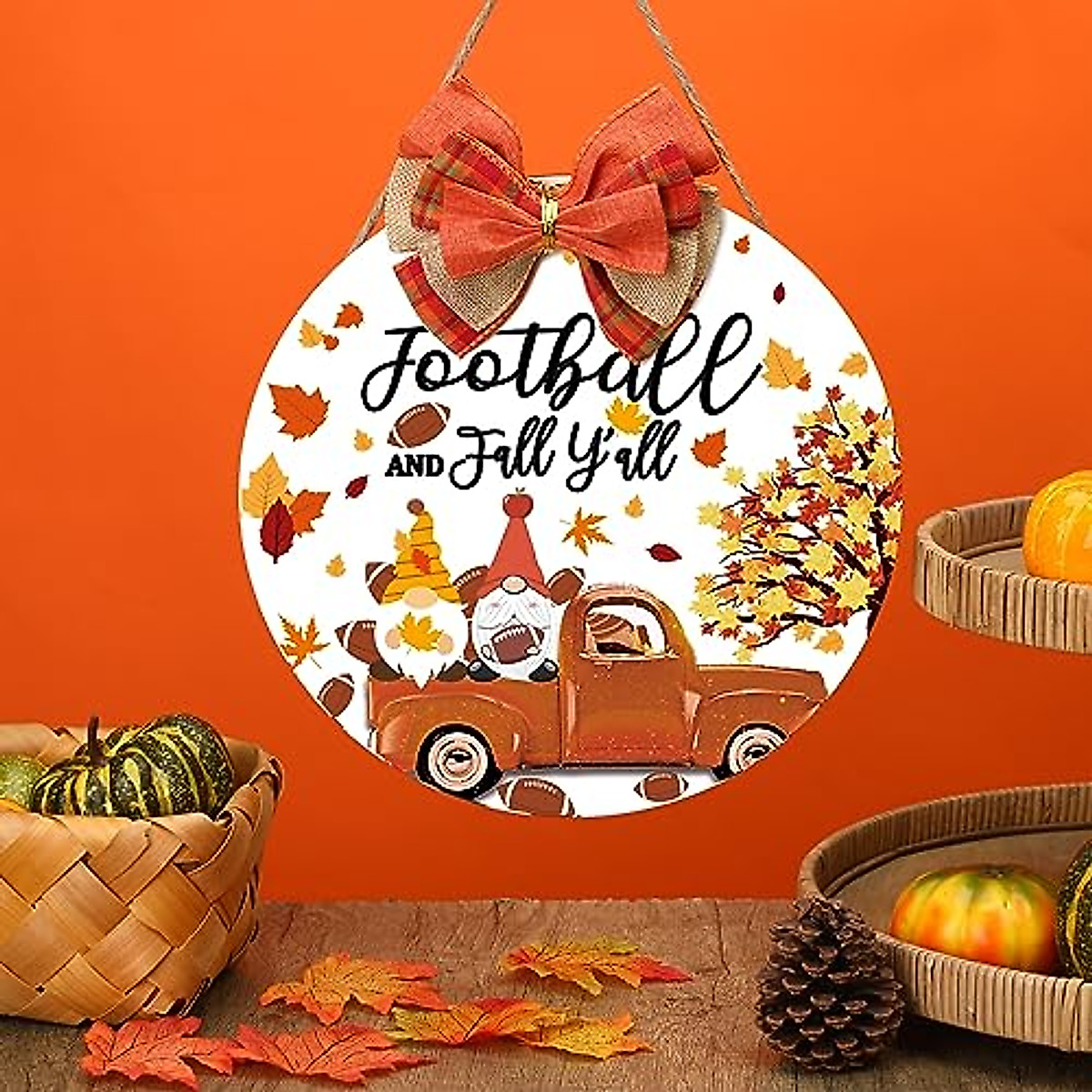 Fall Y'all Front Door Sign Fall Football Wreaths Autumn Gnome Maple Leaves Hanger Sign Decorative Sign for Outside Thanksgiving Harvest Farmhouse Seasonal Holiday Yard Decor