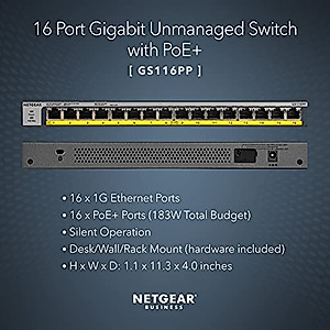 NETGEAR 16-Port Gigabit Ethernet Unmanaged PoE Switch (GS116PP) - with 16 x PoE+ @ 183W, Desktop, Wall Mount or Rackmount, and Limited Lifetime Protection