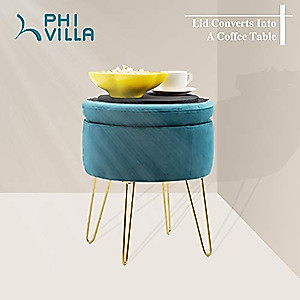 PHI VILLA Storage Ottoman,Blue Round Ottoman with Storage Box and Removable Lid, Upholstered Decorative Metal Legs Ottoman Footrest/Footstool for Living Room,Bedroom and Kids Room,Velvet,Blue