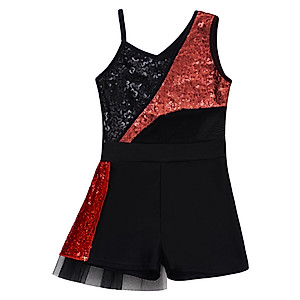 CHICTRY Girls Kids Sparkle Mesh Splice Ruffle Hem Leotard Jumpsuits for Athletic Dance Gymnastics Red 12 Years