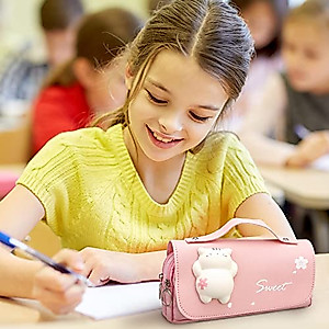 Teblacker 2 Pcs Cute Pencil Case with Handle, Kawaii Pencil Bag Large Pencil Pouch Pens Organizer Storage Bag with Stress Relief Doll for Girls Kids Teen School Supply