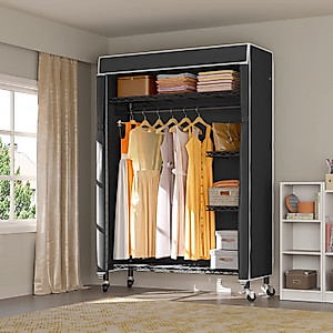 VIPEK V11C Portable Closet Rolling Clothes Rack 5 Tiers Heavy Duty Adjustable Wire Garment Rack with Lockable Wheels Wardrobe Black Metal Clothing Rack with Black Oxford Fabric Cover, Max Load 452LBS