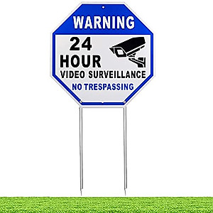 Kichwit Video Surveillance Sign No Trespassing Reflective Metal Sign, Aluminum Yard Sign with Stakes, 11.8" x 11.8"