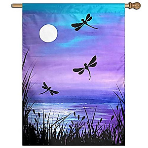 Lake Dragonfly Moon Outdoor Garden Welcome Flag, Double Sided Vertical Garden Yard Flag Banner for Lawn House Outside Decor 12x18inch