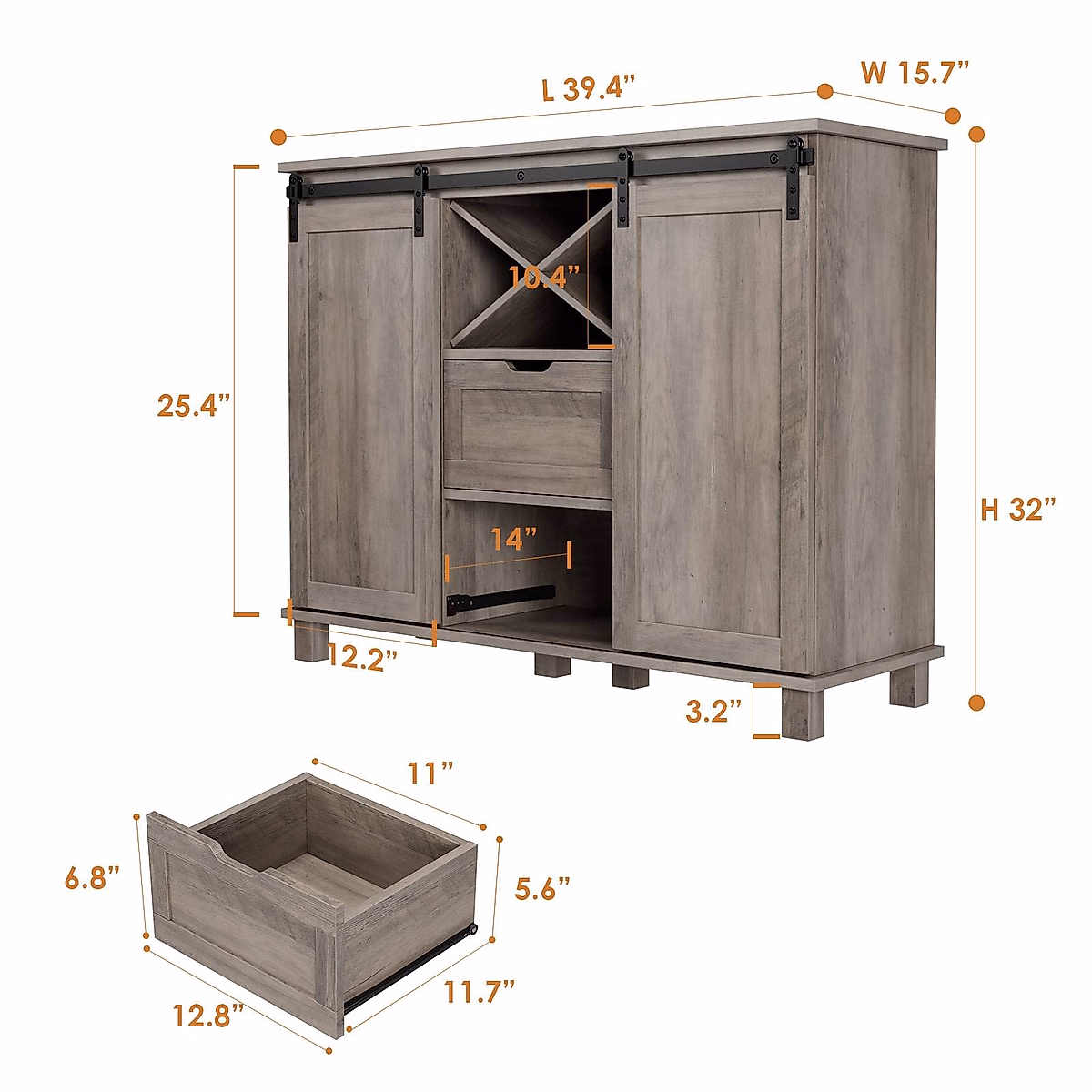 HOSTACK Farmhouse Buffet Sideboard, Coffee Bar Cabinet with Storage, Liquor Wine Cabinet with Sliding Barn Doors, Accent Storage Cabinet for Kitchen, Ash Grey