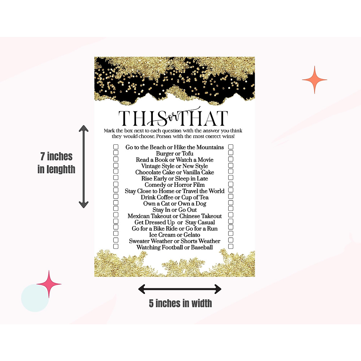 Paper Clever Party Black and Gold Bridal Shower Games - 25 Pack, USA Made, 5x7 Premium Quality Cardstock, Would She Rather Fun Activity for Weddings, Rehearsals, Couples, Birthdays, and Parties