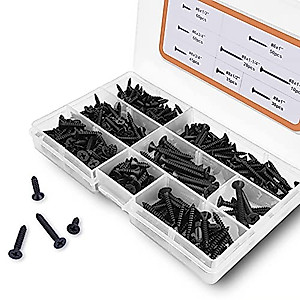 VIGRUE 310 Pcs #6 1/2'' to 1'' #8 1/2'' to 1-1/2'' Wood Screws Black Oxide Coated Stainless Steel Flat Head Phillips Drywall Screw Assortment Kit, Self Tapping Screws Kit in 8 Sizes