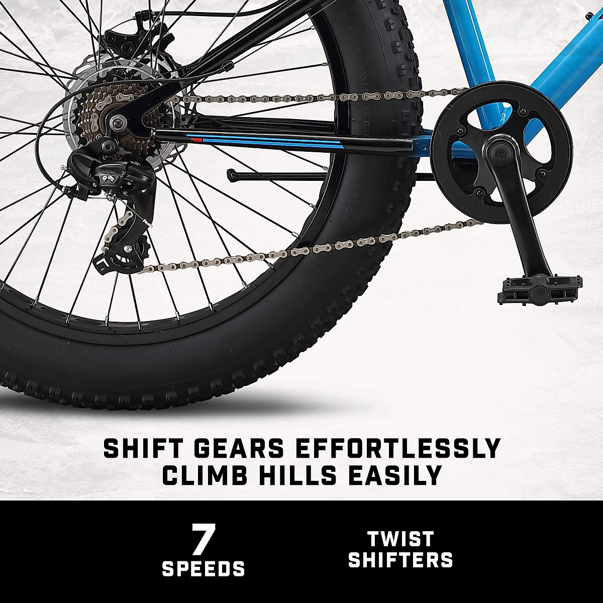 Mongoose Argus ST Fat Tire Mountain Bike for Youth Boys Girls, 24-Inch Wheels, Mechanical Disc Brakes, 12-Inch Steel Hardtail Frame, 7-Speed, Blue