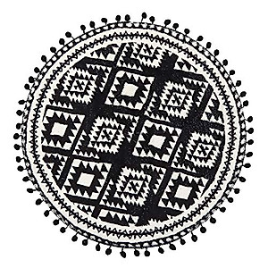 HAOCOO Round Area Rugs 2ft with Pom Pom Ball Fringe Black and Beige Soft Velvet Small Throw Rugs Non-Slip Boho Geometric Floor Carpet for Bedroom Living Room Bathroom Home Decor